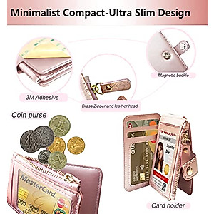 M-Plateau Phone Wallet, PU Leather Card Holder with Zipper Coin Pocket Compatible with iPhone 14 and iPhone Case for Women 3M Adhesive Phone Card Holder with Magnetic Closure(Pink)