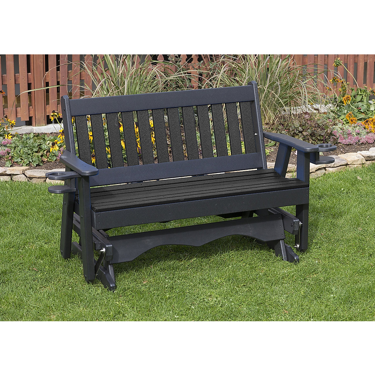 ECOMMERSIFY INC 5FT-Black-Poly Lumber Mission Porch Glider with Cupholder arms Heavy Duty Everlasting PolyTuf HDPE - Made in USA - Amish Crafted