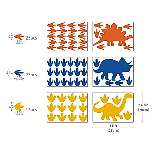 Dinosaur Wall Sticker Vinyl Footprints Decals for Nursery Bedroom Boys or Girls Room Playroom Classroom Living Room Orange Blue Yellow 63pcs