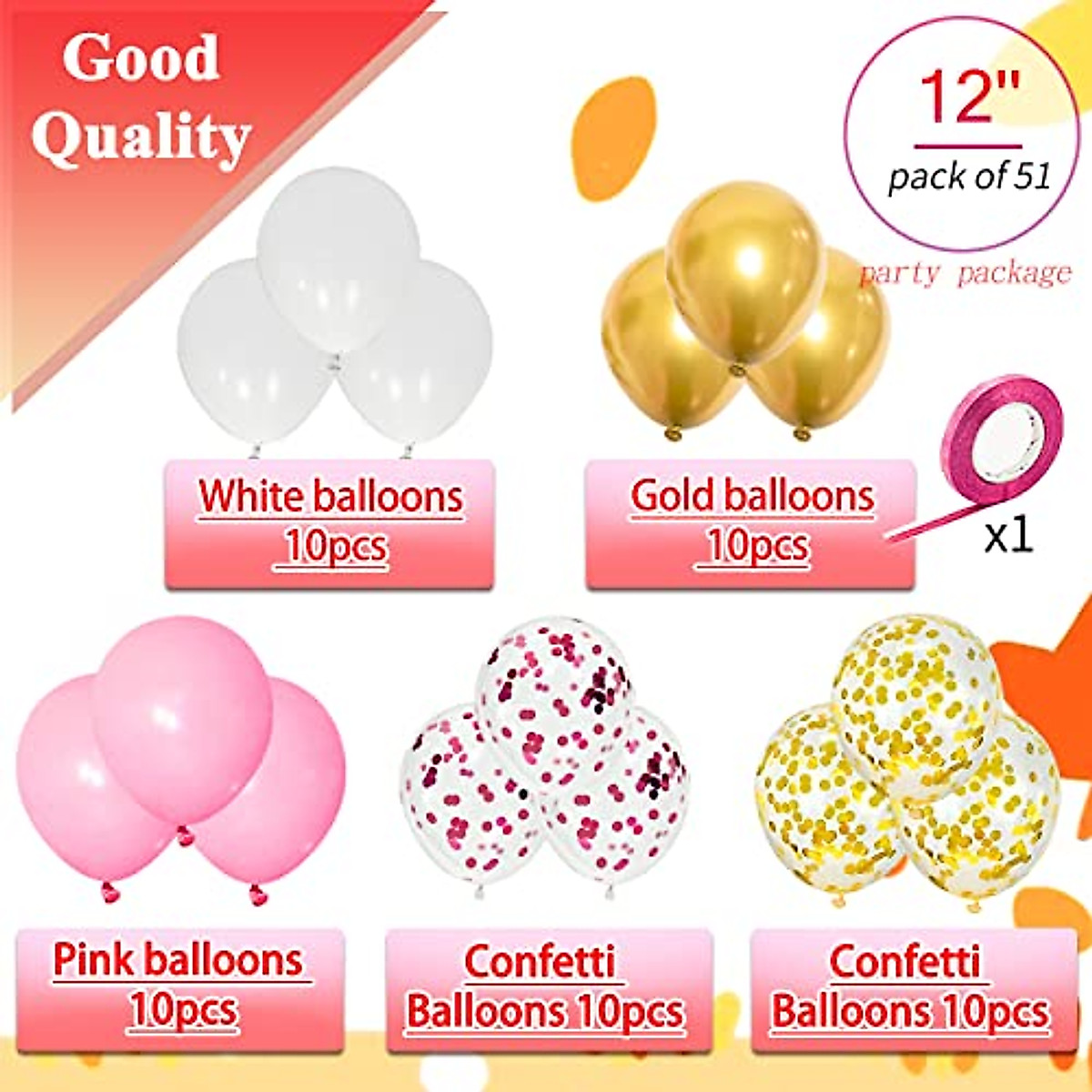Pink White Gold Latex Balloons Kit 12 Inch, Pink Gold Confetti Balloons Party Decoration Supplies for Girl‘s Birthday Baby Shower valentines day.51pcs…