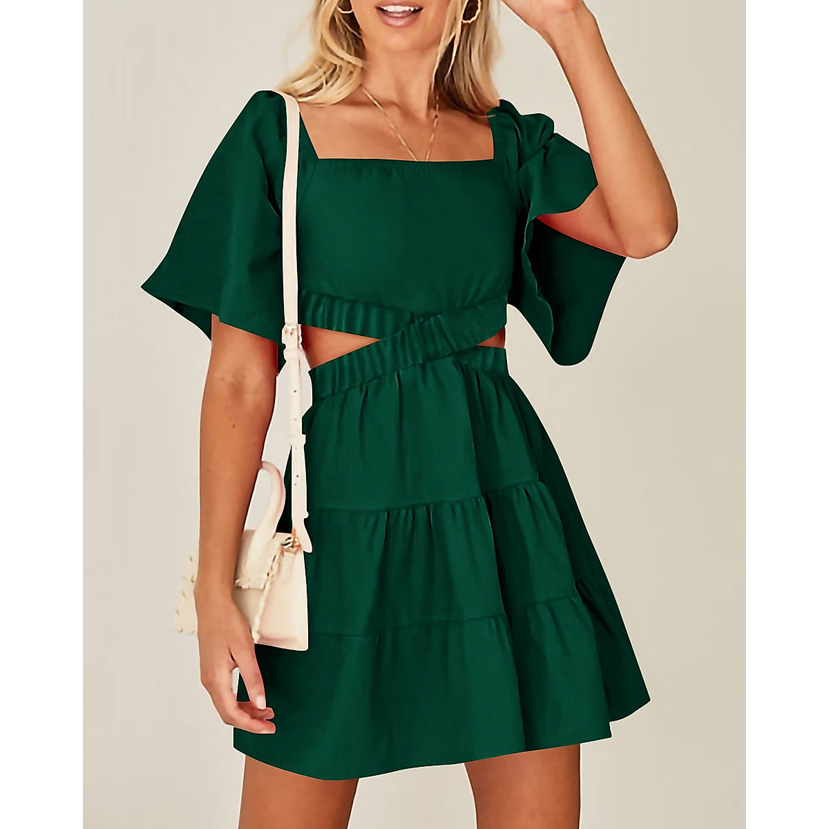 BTFBM Women Summer Dresses 2023 Square Neck Short Sleeve Cutout Crossover Waist Casual Party Tiered A-Line Mini Dress(Solid Green, Small)