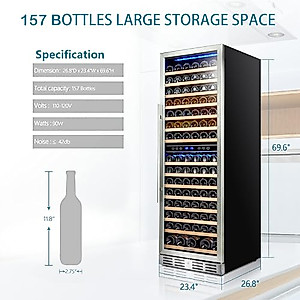 Kalamera 157 Bottle Freestanding Wine Cooler Refrigerator With Stainless Steel, triple-layered Tempered Glass Door, Electronic One-Touch Control with LED Display Wine Fridge