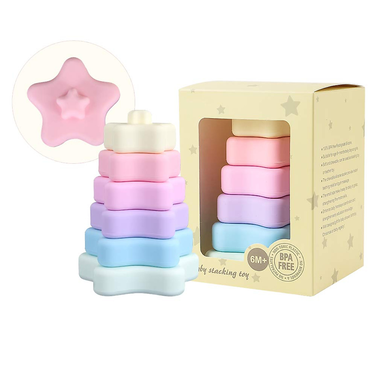 AmazingM Baby Silicone Stacking Toy,6 Pcs Soft Building Ring Stacker,Blockers Tower Teether for 6+ Months Boys and Girls Early Educational Learning. (Star)