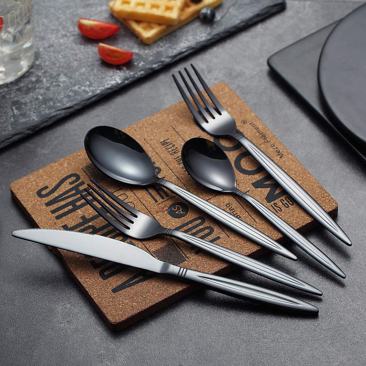 20 Piece Black Silverware Set, Stainless Steel Flatware Set, Titanium Black Cutlery Set, Service Set for 4 (Shiny Black)