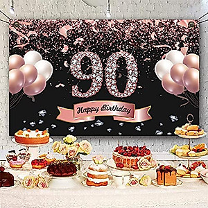 Trgowaul 90th Birthday Decorations for Women - Rose Gold 90th Birthday Backdrop Banner for her, Happy Birthday Party Suppiles Photography Supplies Background