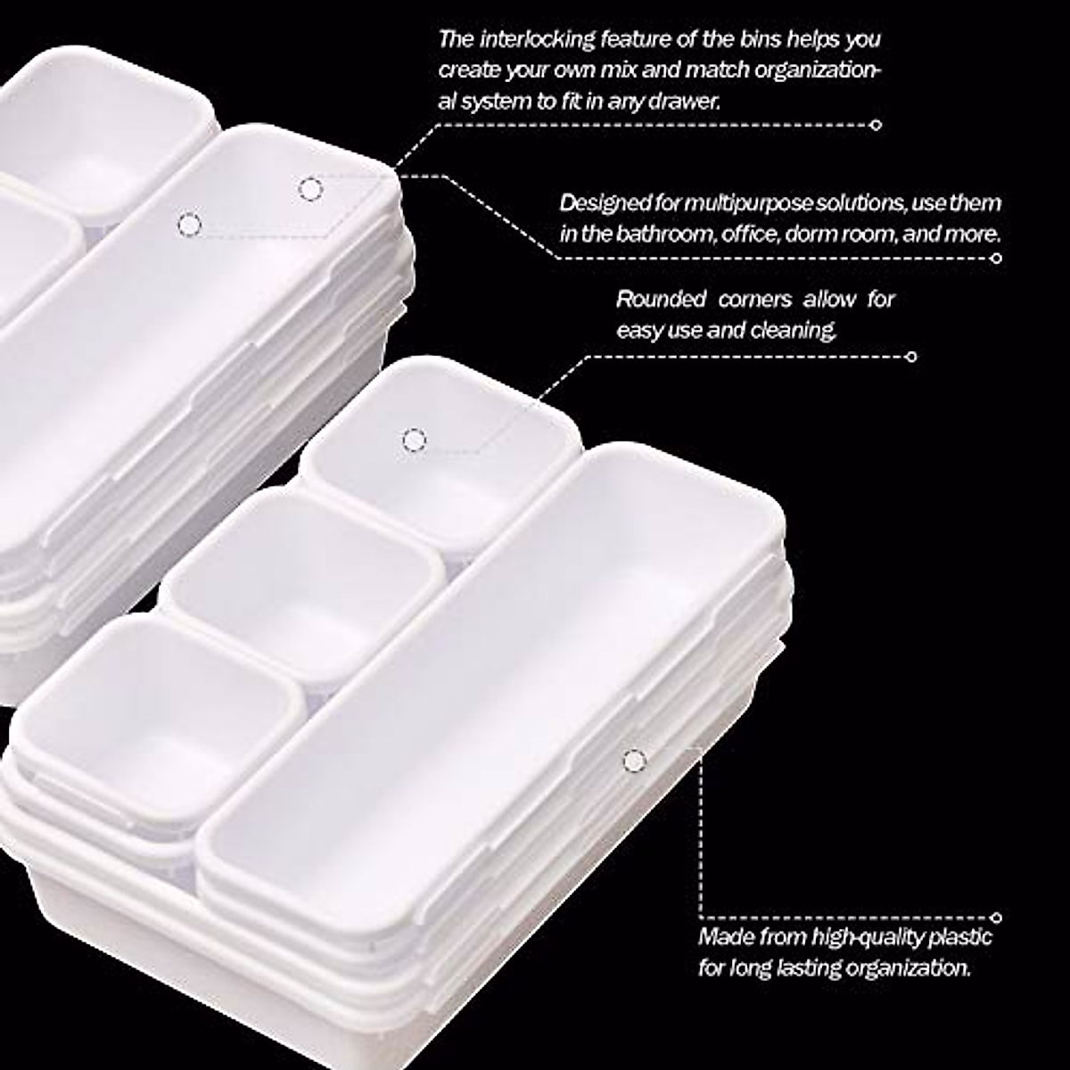 Set of 22 Interlocking Desk Drawer Organizer Tray Dividers Plastic Shallow Narrow Drawers Organizers Separators Storage Bins Container for Kitchen Bathroom Makeup Office Vanity Bedroom Dresser White