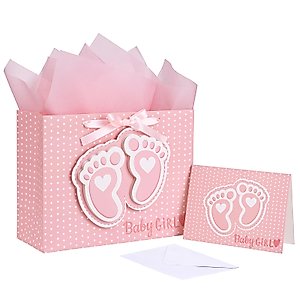 LeZakaa 13" Pink Gift Bags with Tissue Paper, Gift Card, Foot Print and Baby Girl Lettering Design for Baby Shower