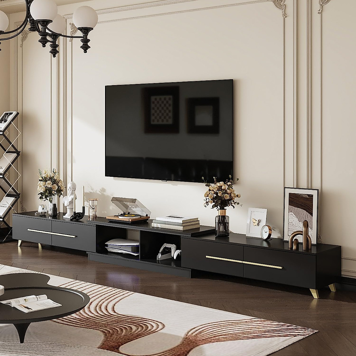 FAMAPY Modern TV Console Extendable Media Console, Adjustable Length, Contemporary Entertainment Center with Drawers and Legs, for Living Room Black and Gold (95”-133.9”W x 15.2”D x 13.1”H)