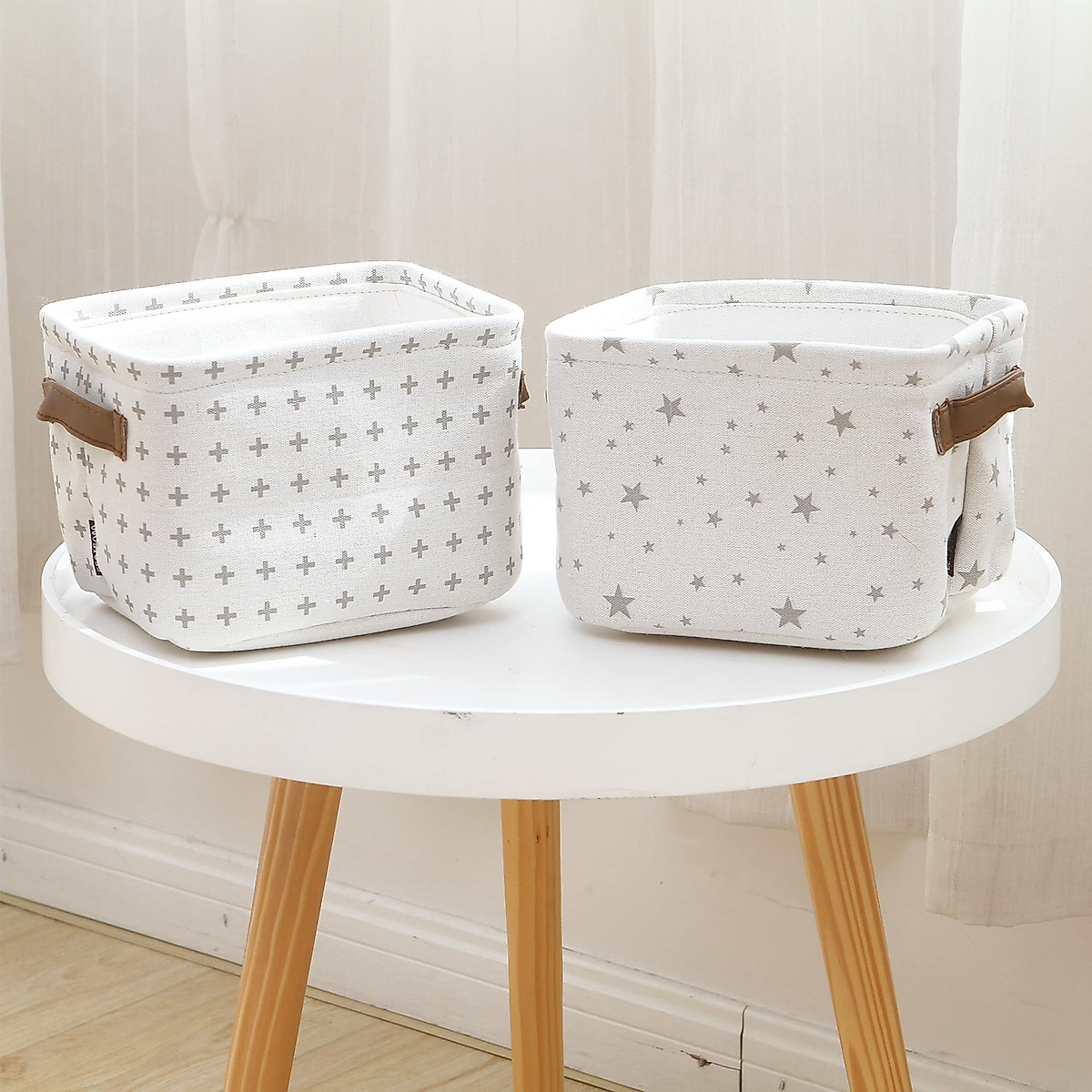 Sea Team Collapsible Small Canvas Fabric Storage Basket with Handles, Square Mini Storage Box, Cube, Foldable Shelf Basket, Closet, Desk Organizer for Nursery, Home, Office (Grey, Set of 4)