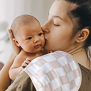 LifeTree Muslin Baby Burp Cloths, Soft Bamboo Cotton, Large Baby Washcloths, Face Towel, Burping Rags, Bibs for Newborn Boys Girls, Set of 2 (Floral & Dusty Pink Checkerboard)