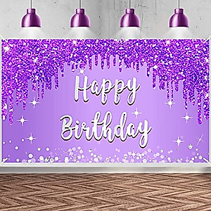 Purple Silver Happy Birthday Banner Party Decorations for Women Girls, Purple Happy Birthday Themed Backdrop Party Supplies, 10th 16th 21st 30th 40th 50th 60th Photo Props Sign Decor