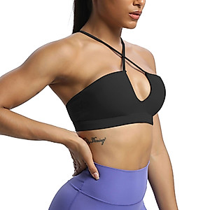 Aoxjox Women's Workout Sports Bras Jamie Deep V Fitness Backless Padded Training Gym Bra Yoga Crop Tank Top (Black, X-Small)