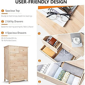 VINGLI Unfinished 6 Drawer Dresser, Natural Solid Wood Dresser Color DIY, Upgraged Rustic Farmhouse Tall Dresser with Spacious Storage Chests of Drawers with Full Extension Drawer Slides