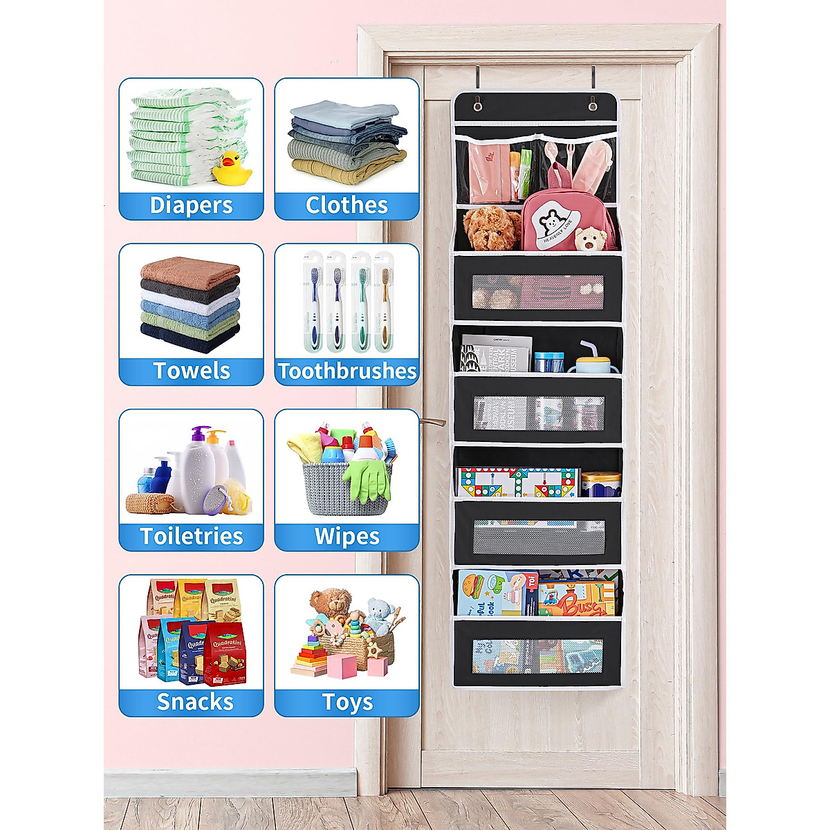 JARLINK 5-shelf Over Door Organizer Storage, Upgrade Hanging Storage with Clear Window, 50 lbs Load Storage Organizer for Bedroom, Bathroom, Nursery, Baby Kids Toys, Diapers, Pantry, Black
