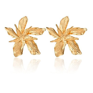 ONLYJUMP 3D Large Flower Earrings for Women Chic Petal Statement Earrings Bohemian Elegant Plated Big Alloy Metal Flower Earrings (Gold Stud Earring)