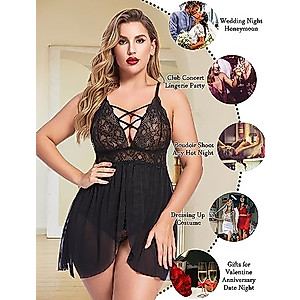 Avidlove Plus Size Lace Sleepwear Sexy Lingerie Lace Babydoll Set Nightwear Dress (Black, 3XL)