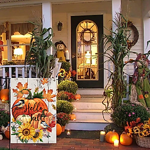 Hello Fall Garden Flags 12x18 Double Sided,Thanksgiving Pumpkin Garden Flag,Sunflower Small Yard Flags for Outside,Autumn Outdoor Decorations for Home