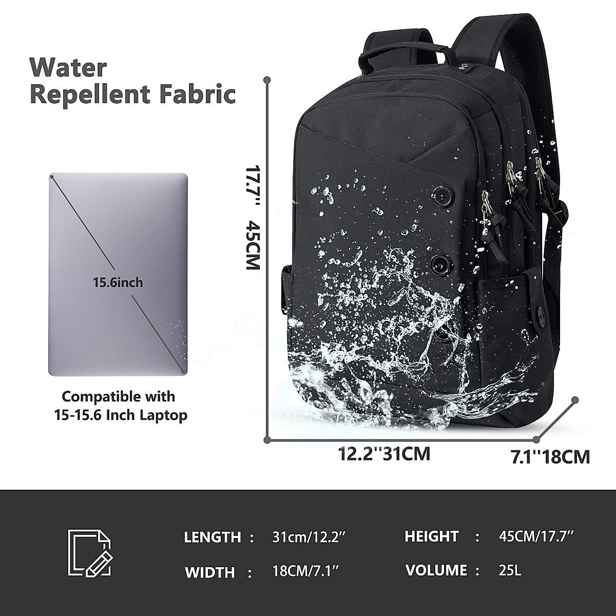 KINGSLONG 15.6 inch Laptop Backpack,College Student Computer Bag Daypack Backpacks School Bag Casual Commute Bag Travel Work For Women Men,Black