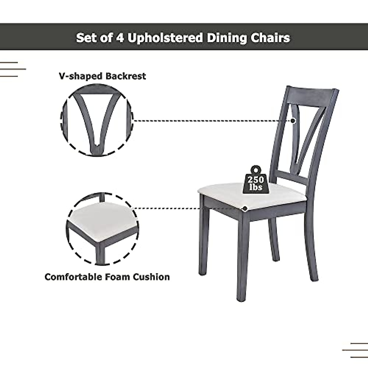 Harper & Bright Designs 5-Piece Dining Table Set with 4 Upholstered Dining Chairs, Solid Wood Dining Furniture Set for Small Place, Kitchen, Dining Room, Antique Grey
