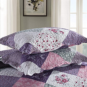 HoneiLife King Size Quilt Set - 3 Piece Microfiber Quilts Reversible Bedspreads Patchwork Coverlets Floral Bedding Set All Season Quilts-Purple Rose