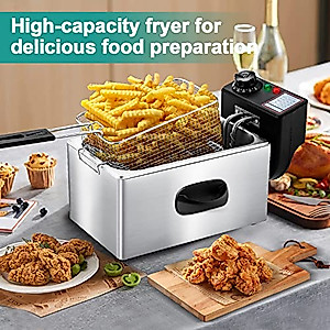 SUEWRITE Deep Fryer with Basket, 4.2 Qt Stainless Steel Electric Deep Fryer 1650W Oil Fryer Pot with Temperature Control Cool Touch Sides Silver