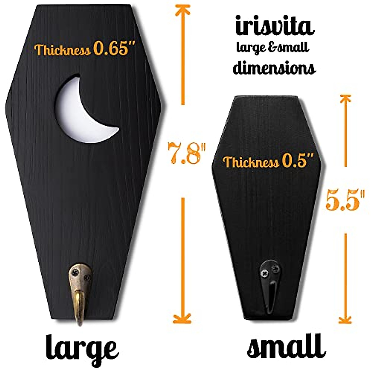 IRISVITA Coffin Key Holder (Set of 2) - Spooky Gothic Decor for Wall, Rustic Black Hanging Wooden Hooks for Keys, Mugs - 5.5 Inches Tall by 2.75 Inches Wide (Small)