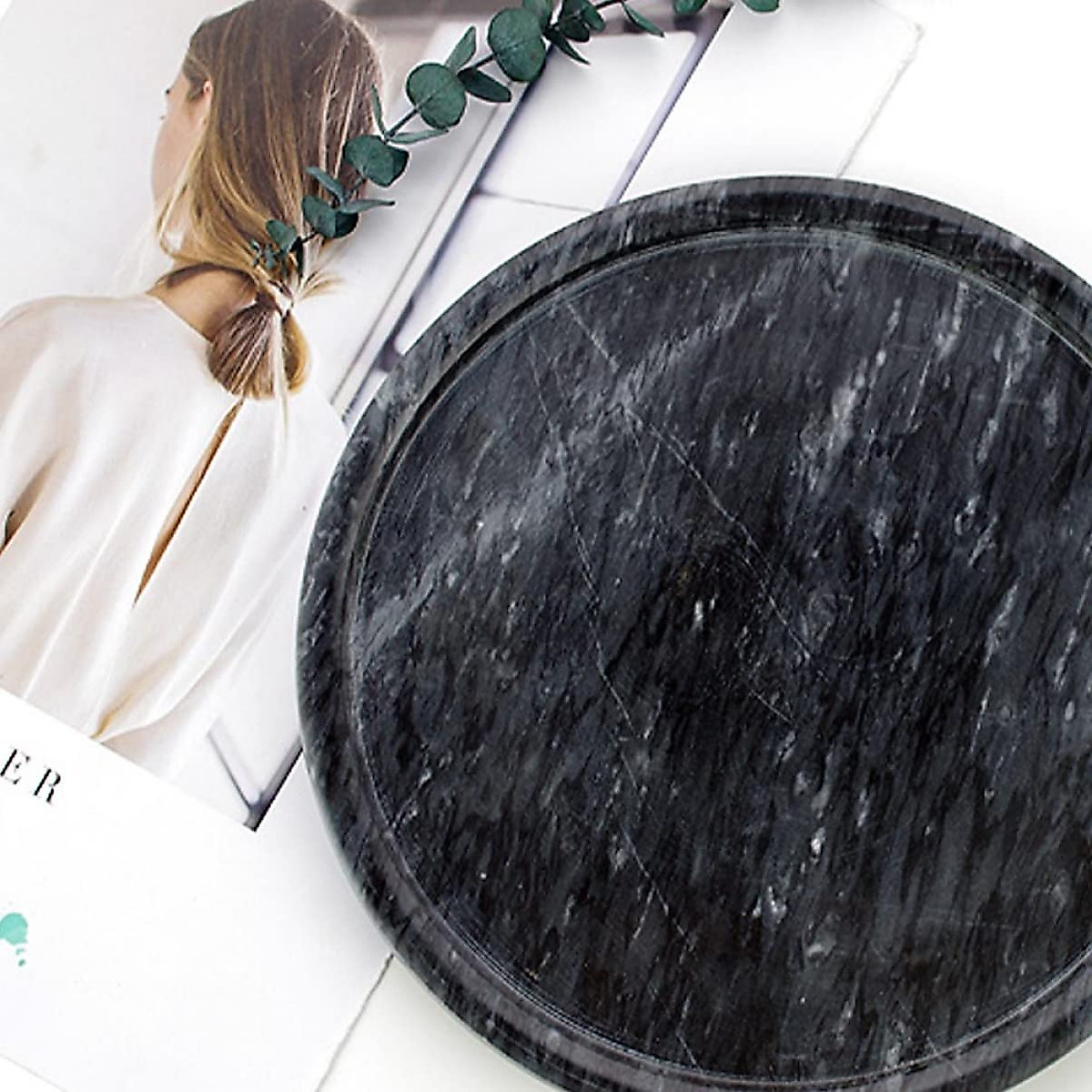 Hoement Wedding Ottoman Trinket Dish Serving for Creative Design Party Fruit Coffee Round Marble Storage Platter Dessert Jewelry Gift Natural Ring Black Accessories Vanity Holder Dried