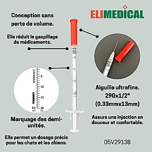 Elimedical Veterinary Insulin Syringe, U-40 (40IU), 0.5cc (ml), 29g x ½ inch (12.7mm), Half Unit Marking, Individually Packed, for Pet Cat or Dog, 100 per box, 05V2913B