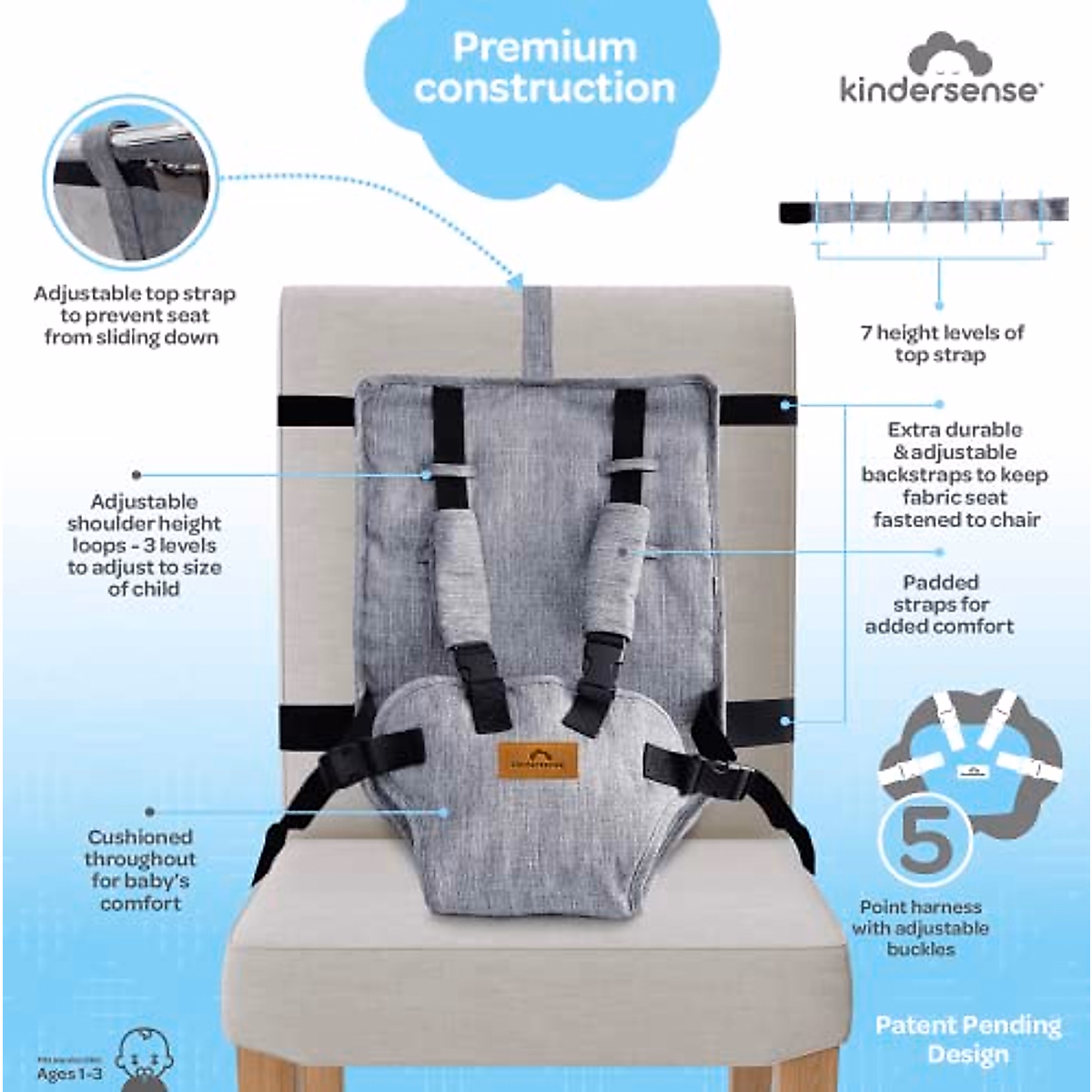 KinderSense® Harness Seat - Fabric Baby Portable High Chair for Travel - Travel High Chair Seat Sack - Portable Baby Seat with Safety Harness – Parent Pouch Must Haves Baby Travel Essential