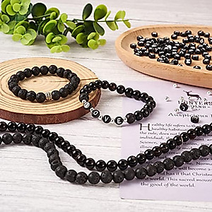Pandahall 360-380Pcs Natural Black Onyx Lava Rock Gemstone Beads 8mm Healing Crystal Round Stones with A-Z Letter Spacer Beads Elastic String for Adults Diffuser Essential Oils Bracelets Making