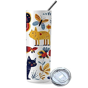 Tumbler with Lid and Straw Abstract Flora and Fauna Print thermos coffee travel mugcute cups 20 oz insulated tumbler for Daily Holiday Decor Gift coffee cup