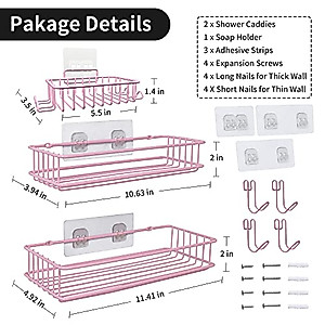 TONLEA Shower Caddy, Shower Organizer for Bathroom, 3-Pack Rustproof Stainless Steel Shower Shelves with Soap Dish and 4 Hooks for Bathroom Storage, Adhesive or Drilling Kitchen Organization, Pink
