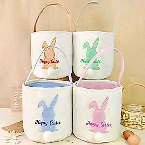 Easter Baskets with Bunny Tail for Kids, Applique Stripe Bunny Easter Bucket for Child, Embroidered Easter Hunt Bag, Blue Stripe Easter Basket, Girls Boys Easter Gifts.