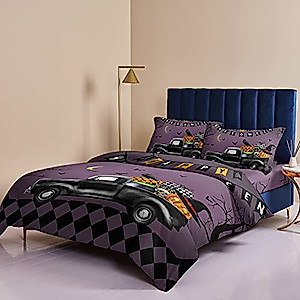 Halloween Pumpkin Ghost Face Black Truck Duvet Cover Sets 4 Piece Full Ultra Soft Bed Quilt Cover Set for Kids/Teens/Women/Men,Bat Dead Trees Plaid Bedding Collection All Season Use