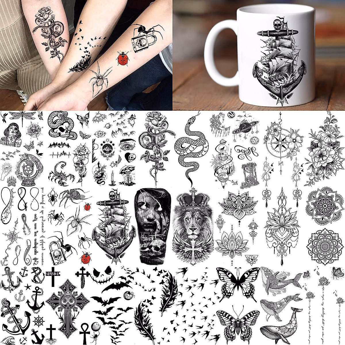 Bilizar 64 Sheets Long Lasting Flower Temporary Fake Tattoos For Women Arm Neck, Jellyfish Sunflower Moon Rose For Adults Girl, 3D Temp Realistic Snake Tatoo Stickers Serpent Peony Floral Kids
