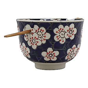 Ebros White Cherry Blossoms Sakura Mosaic Style Blue Ramen Udong Noodles 5" Diameter Bowl With Built In Chopsticks Rest and Bamboo Chopstick Set for Dining Soup Rice Meal Bowls Decor Kitchen