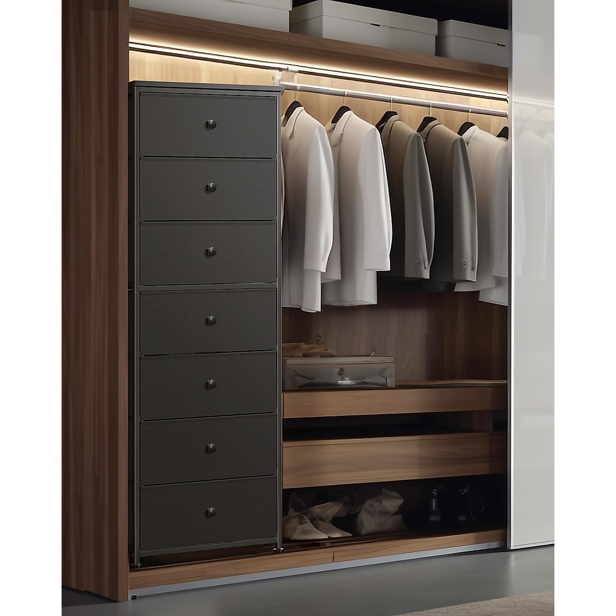 Tall Fabric Dresser for Bedroom, Vertical Storage Organizer Tower with 7 Drawers, Chest of Drawers with Bins, Steel Frame, Wood Top for Bedroom, Closet, Entryway Black