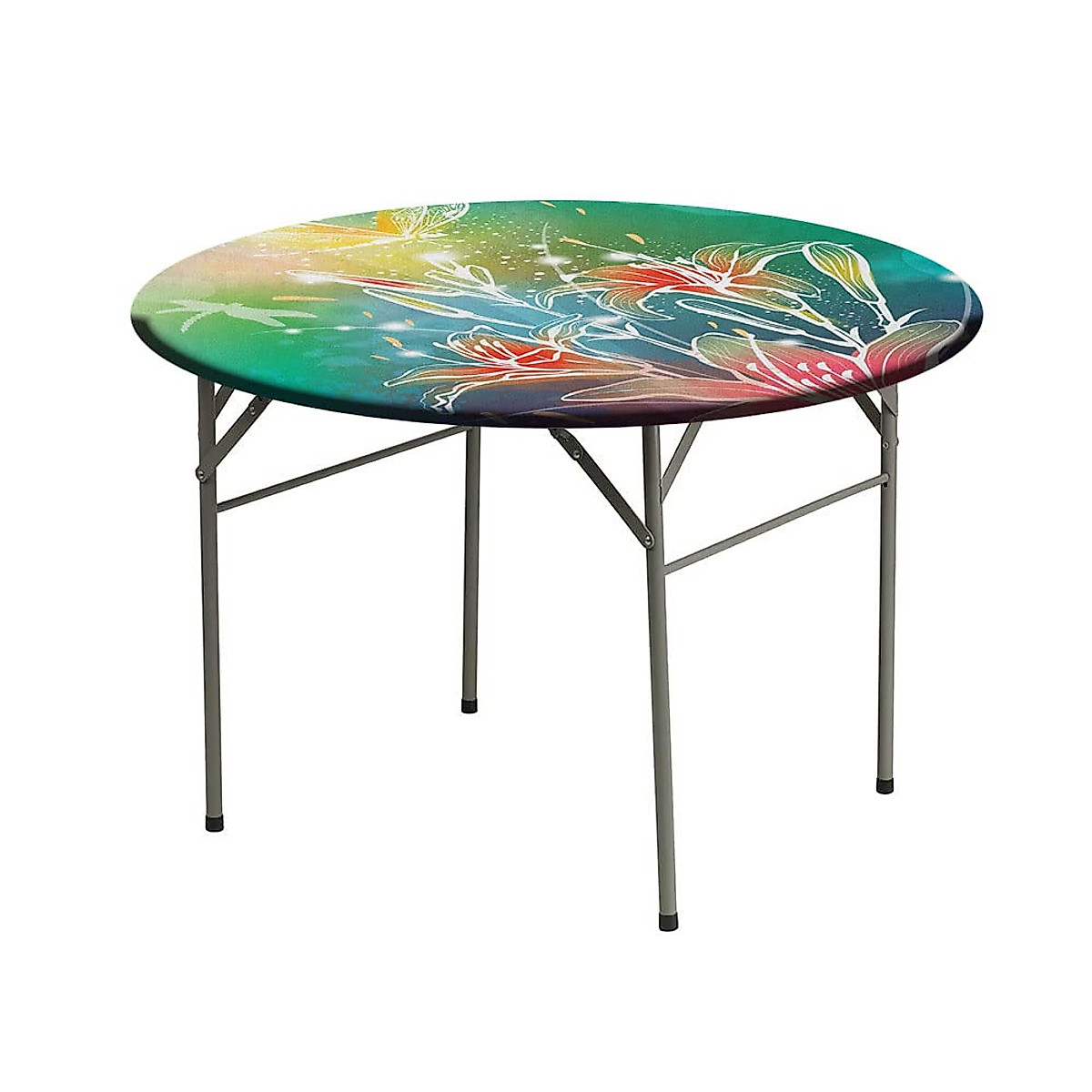 JUNTAIY Round Tablecloth, Dragonfly Tablecloth for Side Table, Spring Theme Sketchy Digital Leaves Lilacs with, Fit Round Tables 61inch Diameter, for Dining Room/Party/Banquet Decoration