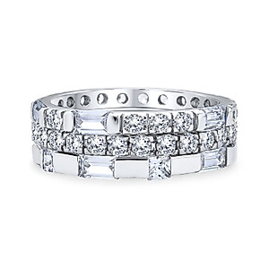 Geometric Cubic Zirconia AAA CZ Round Baguette Stackable Eternity 3 Wedding Band Ring Set For Women .925 Sterling Silver