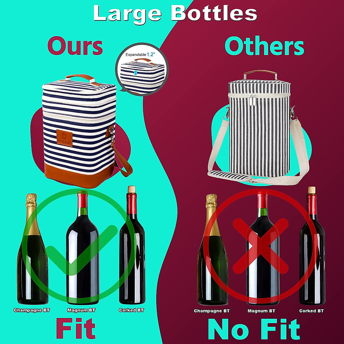 HAMILO 4 Bottle Wine Carrier - Stripe, Champagne Carrier Bag, Waterproof Wine Tote Bag with Expandable Zipper and Padded Shoulder, Insulated Wine Bag, Wine Cooler Bag, Wine Accessories Gift for Women