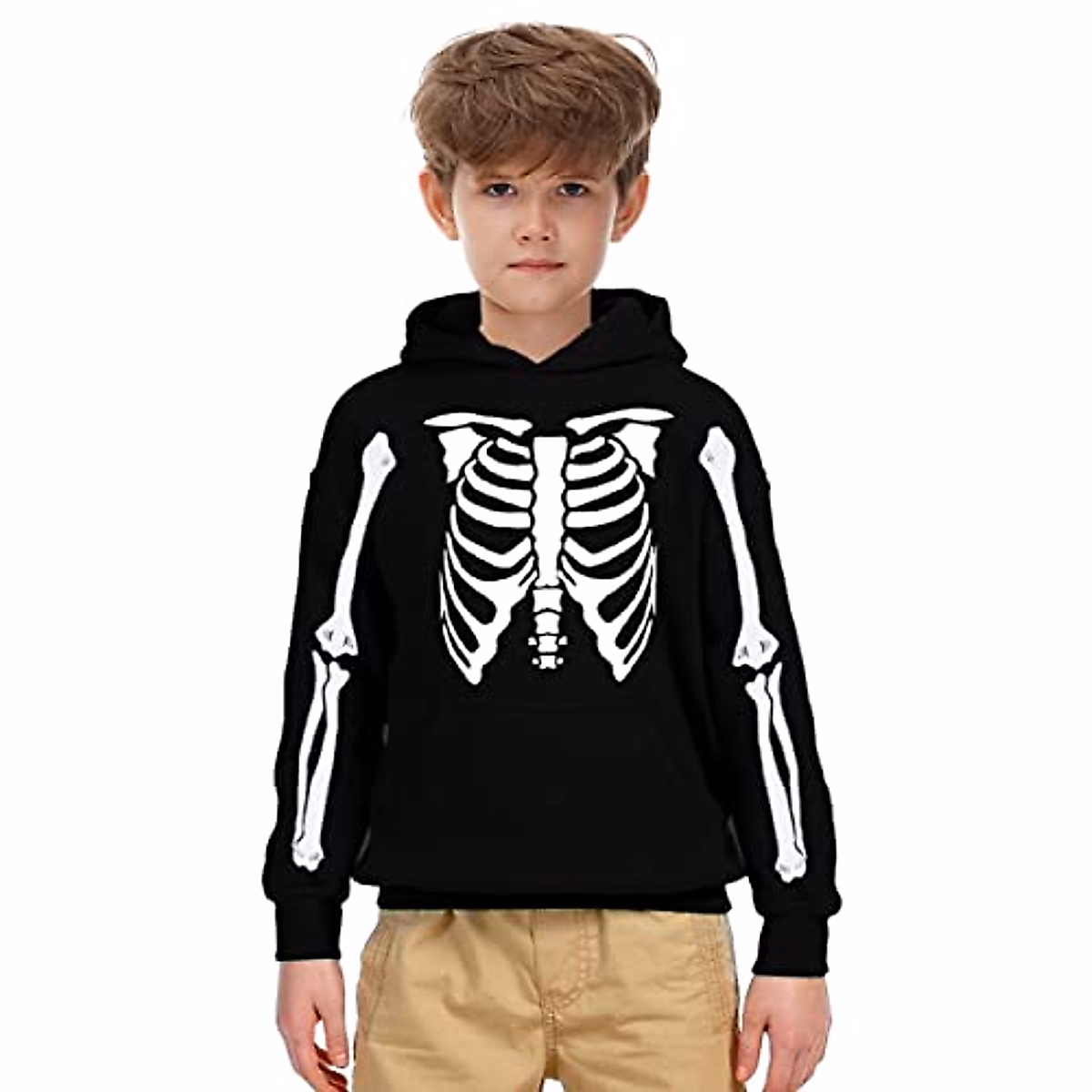 Remimi Kids Halloween Skeleton Pullover Hoodie Pocket Long Sleeve Black Graphic Printed Sweatshirt 13-14 Years