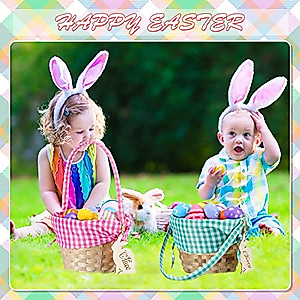 4 Pcs Easter Basket Picnic Basket Woven Basket with Handle Wooden Cute Baskets for Wood Basket Picnic Hamper Easter Eggs and Candy Basket with 4 Bags Lafite Grass 4 Pcs Rabbit Wood Chips (Plaid)