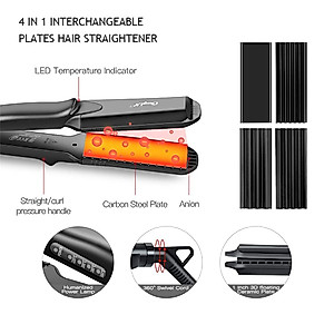 Hair Crimper, Crimping Irons Hair Straightener Flat Iron with 4 Interchangeable Tourmaline Ceramic Plate Adjustable Temperature for All Hair Type