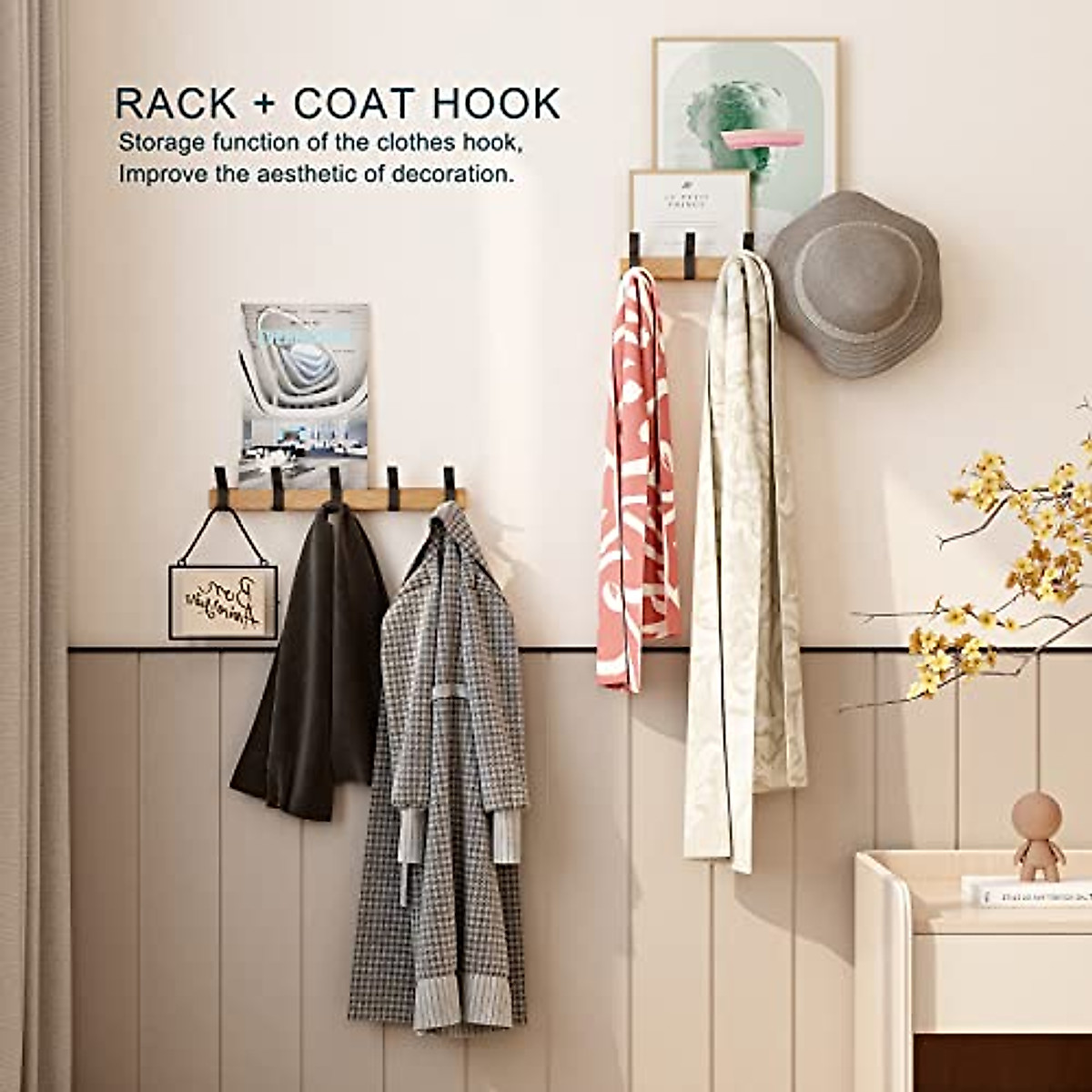 KooNiosio Coat Hook Rack Wall Mounted Coat Rack-5 Double Hook,Aluminum,Metal Coat Hook Rail for Coat Hat Towel Robes, Wooden Coat Hooks (Black)