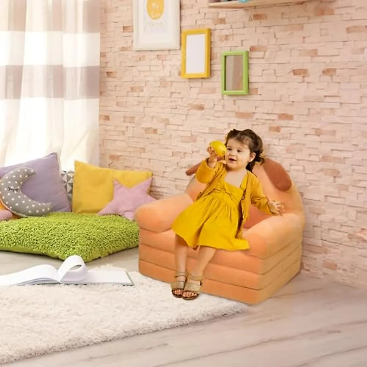 Toddler Chair Kids Sofa - Toddler Sofa Kids Couch Fold Out, 2 in 1 Flip Out Couch and Mini Sofa for Girls and Boys, Baby Couch for 1-4 Year Olds - Cute and Comfy Baby Sofa (Brown Dog)
