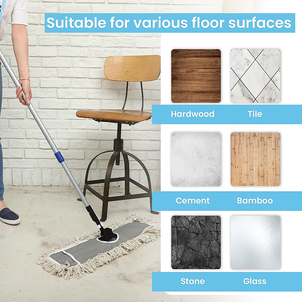 24" Industrial Cotton Floor Dust Mop with 2Pack of Refills - Commercial Mops for Hardwood, Tiles, Laminate, Vinyl, Garage epoxy, Bamboo surface cleaning and Flooring Push Dust Broom