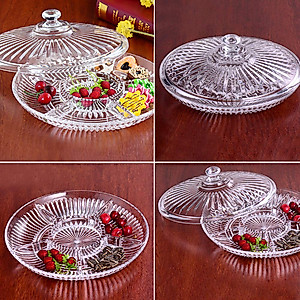 Creative Acrylic Multifunctional Party Snack Tray with Lid,Serving Dishes for Dried Fruits Nuts Candies Fruits,6-Compartment (Round)