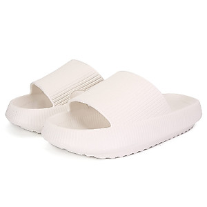 Pillow Slippers for Women, Non-Slip Massage Foam Shower Bathroom Home Floor Thick Sole Quick Drying Cloud Cushion Womens Mens Sandals, Soft Comfortable Platform Open Toe Shoes (White, Eur38/39)