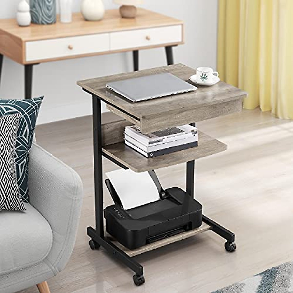 Yaheetech Rolling Computer Desk with Drawer & Keyboard Tray, Mobile Laptop Desk Cart Standing Computer Workstation for Home Office, Gray