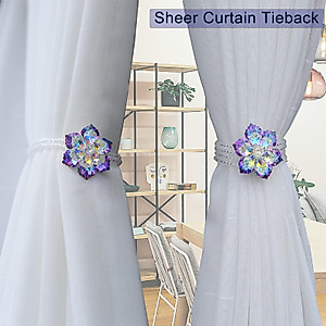 Magnetic Curtain Tiebacks, Crystal Flower Curtain Drapery Holdbacks with Crystal Beads Rope Window Curtain Decorative for Home Office Decor (Purple)
